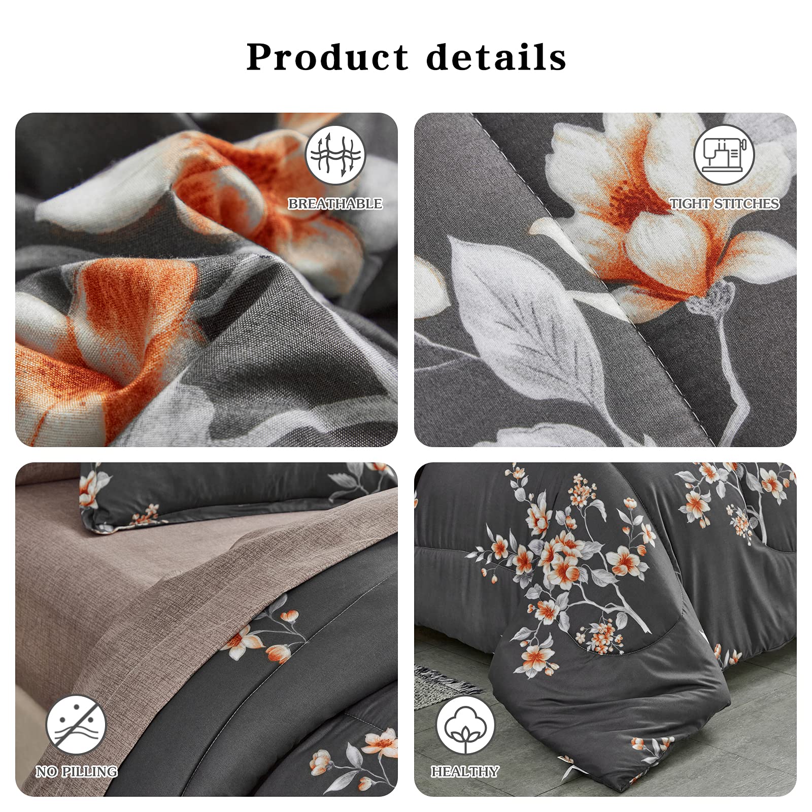 7 Pieces Bed in a Bag Queen Comforter Set with Sheets, Dark Grey Floral Design Soft Microfiber Bedding Sets for All Season (1 Comforter, 2 Pillow Shams, 1 Flat Sheet, 1 Fitted Sheet, 2 Pillowcases)