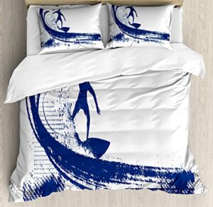 ambesonne surfboard duvet cover set, water sports activity related weathered pattern of pipeline wave and surfer, decorative 3 piece bedding set with 2 pillow shams, queen size, white dark blue