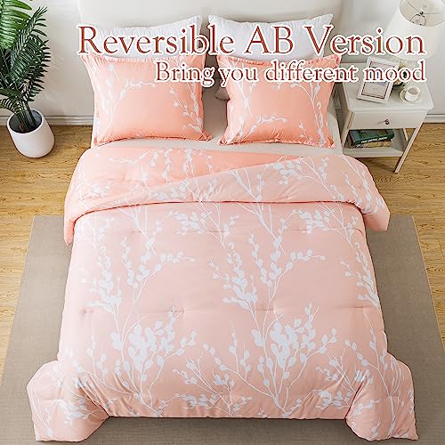 Andency Blush Pink Comforter Set Full Size (79x90 Inch) - Reversible Flower Plum Blossom Bed Set 3 Pieces Soft Lightweight Microfiber Branches Comforter Bedding Set