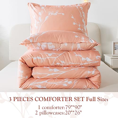 Andency Blush Pink Comforter Set Full Size (79x90 Inch) - Reversible Flower Plum Blossom Bed Set 3 Pieces Soft Lightweight Microfiber Branches Comforter Bedding Set