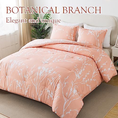 Andency Blush Pink Comforter Set Full Size (79x90 Inch) - Reversible Flower Plum Blossom Bed Set 3 Pieces Soft Lightweight Microfiber Branches Comforter Bedding Set