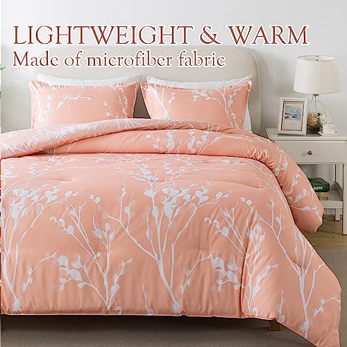 Andency Blush Pink Comforter Set Full Size (79x90 Inch) - Reversible Flower Plum Blossom Bed Set 3 Pieces Soft Lightweight Microfiber Branches Comforter Bedding Set