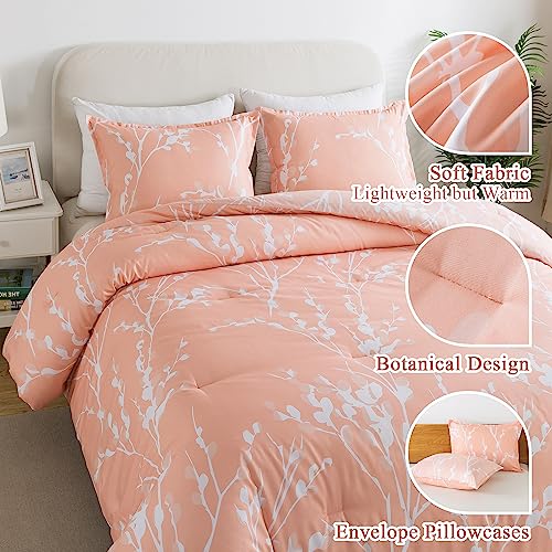 Andency Blush Pink Comforter Set Full Size (79x90 Inch) - Reversible Flower Plum Blossom Bed Set 3 Pieces Soft Lightweight Microfiber Branches Comforter Bedding Set