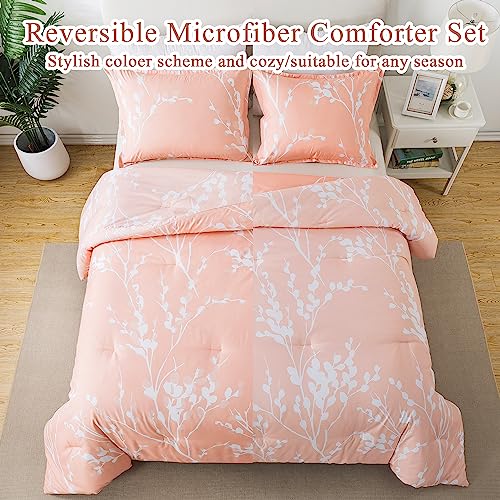 Andency Blush Pink Comforter Set Full Size (79x90 Inch) - Reversible Flower Plum Blossom Bed Set 3 Pieces Soft Lightweight Microfiber Branches Comforter Bedding Set