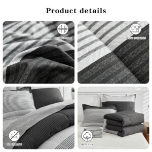 Flysheep Ombre Striped Bed in a Bag 7 Pieces King Size, Grey and White Stripes Comforter Sheet Set (1 Comforter, 1 Flat Sheet, 1 Fitted Sheet, 2 Pillow Shams, 2 Pillowcases)