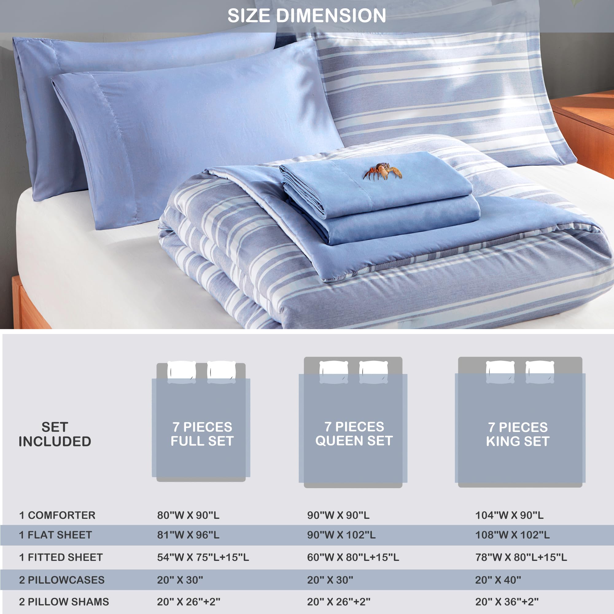 Full Size Comforter Set with Sheets, Modern Blue and White Striped Bed in a Bag, 7-Piece Complete Bedding Set Including Reversible Comforter, 2 Sheets, Pillowcases & Shams