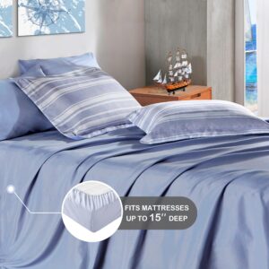 Full Size Comforter Set with Sheets, Modern Blue and White Striped Bed in a Bag, 7-Piece Complete Bedding Set Including Reversible Comforter, 2 Sheets, Pillowcases & Shams