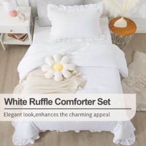 Andency White Comforter Twin Size, 2 Pieces Solid Farmhouse Shabby Chic Ruffle Bedding Comforters & Sets, All Season Soft Lightweight Fluffy Bed Set for Kids Girls Teens