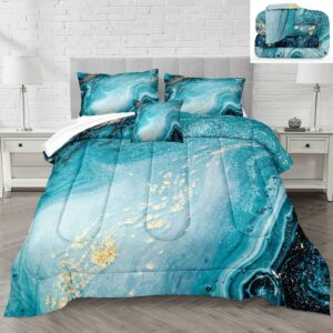 bedbay blue and gold marble bedding comforter set queen size teal bedding boys girls queen duvet set 3 pcs modern marble texture quilt set bedroom guest room decor soft and lightweight(blue,queen)