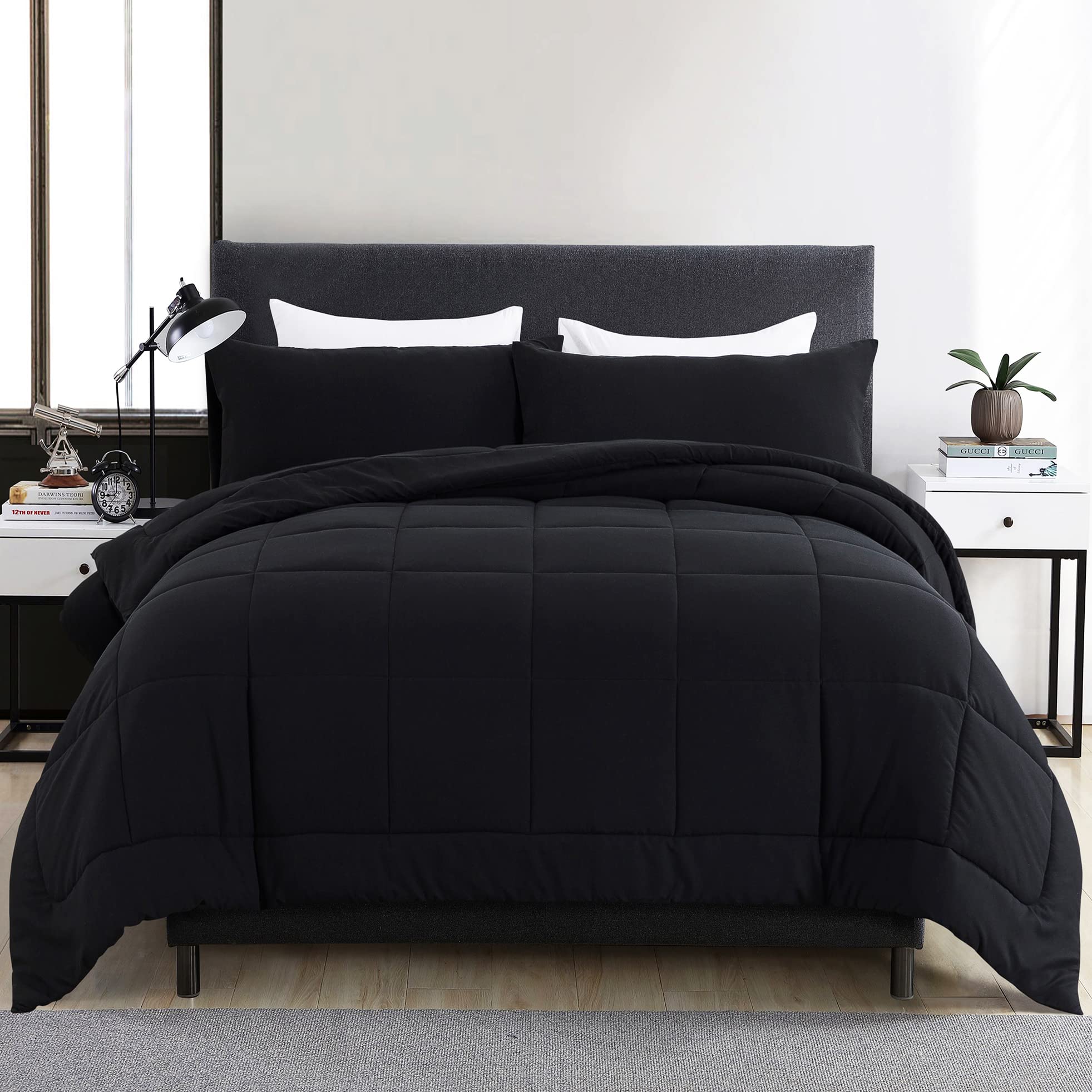 DOWNCOOL King Size Comforter Set -All Season Bedding Comforters Sets with 2 Pillow Cases -3 Pieces Bed Set Down Alternative King Bedding Set -Black King Comforter Set(102"x90")