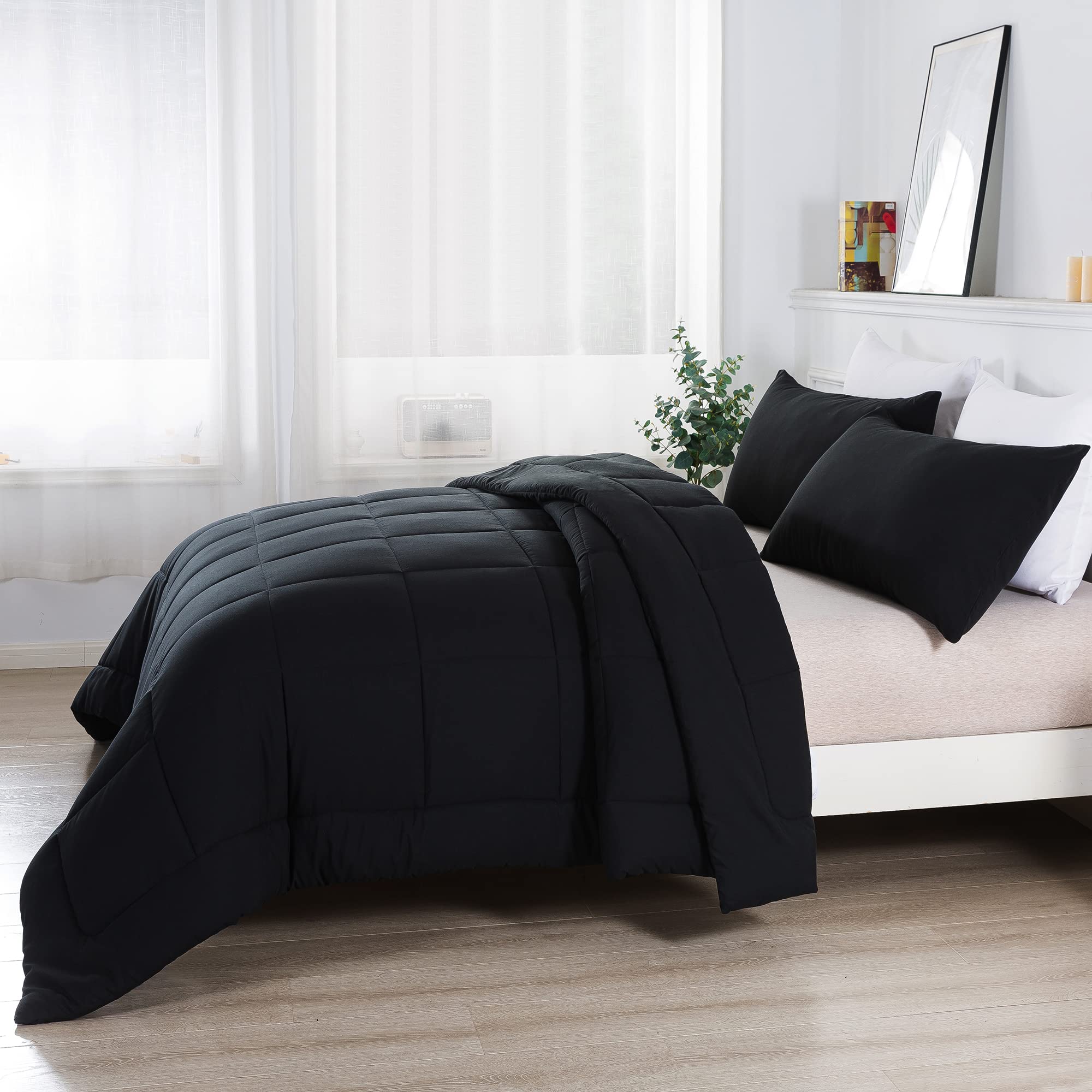 DOWNCOOL King Size Comforter Set -All Season Bedding Comforters Sets with 2 Pillow Cases -3 Pieces Bed Set Down Alternative King Bedding Set -Black King Comforter Set(102"x90")