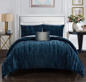 chic home - bcs12616-an westmont 4 piece comforter set crinkle crushed velvet bedding - decorative pillow shams included, queen, navy