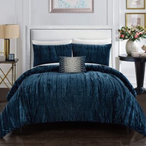 Chic Home - BCS12616-AN Westmont 4 Piece Comforter Set Crinkle Crushed Velvet Bedding - Decorative Pillow Shams Included, Queen, Navy