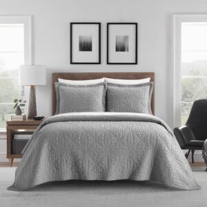 New York & Company Babe 3 Piece Cotton Quilt Set Geometric Floral Pattern Bedding - Pillow Shams Included, Queen, Grey