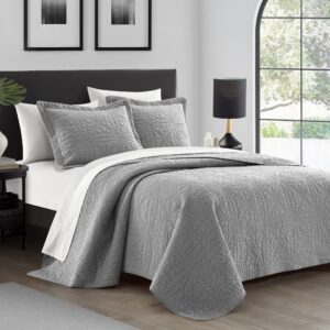 New York & Company Babe 3 Piece Cotton Quilt Set Geometric Floral Pattern Bedding - Pillow Shams Included, Queen, Grey