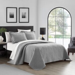 New York & Company Babe 3 Piece Cotton Quilt Set Geometric Floral Pattern Bedding - Pillow Shams Included, Queen, Grey