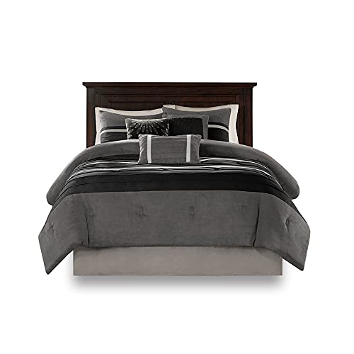 Madison Park Palmer Comforter Set - Faux Suede Design, Striped Accent, All Season Down Alternative Bedding, Matching Shams, Decorative Pillow, Bed Skirt, Full (82 in x 90 in), Black 7 Piece