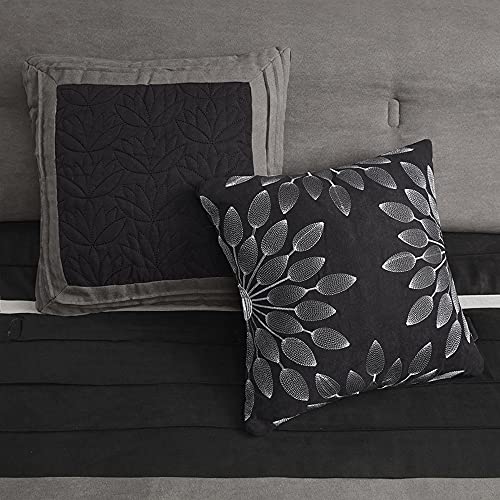 Madison Park Palmer Comforter Set - Faux Suede Design, Striped Accent, All Season Down Alternative Bedding, Matching Shams, Decorative Pillow, Bed Skirt, Full (82 in x 90 in), Black 7 Piece