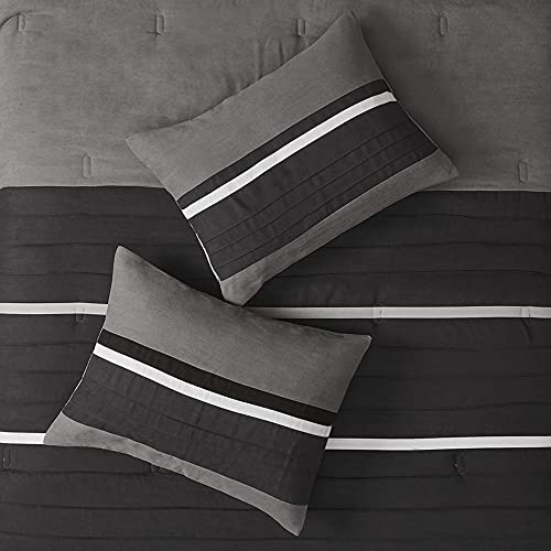 Madison Park Palmer Comforter Set - Faux Suede Design, Striped Accent, All Season Down Alternative Bedding, Matching Shams, Decorative Pillow, Bed Skirt, Full (82 in x 90 in), Black 7 Piece