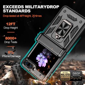 for Samsung Galaxy Z Flip 5 5G Case with Hinge Protection,Slide Camera Cover Heavy Duty Military Drop Cases Ring Kickstand Magnetic Car Mount Shockproof Bumper Phone Case for Galaxy Z Flip 5 5G Black