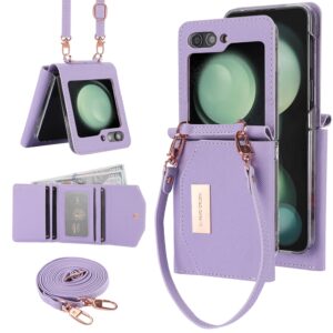 ximand for samsung galaxy z flip 5 wallet case with built-in leather cash slot and credit card holder. wristlet strap and hinge protection, carrying handbag phone case for women ladies.(purple)