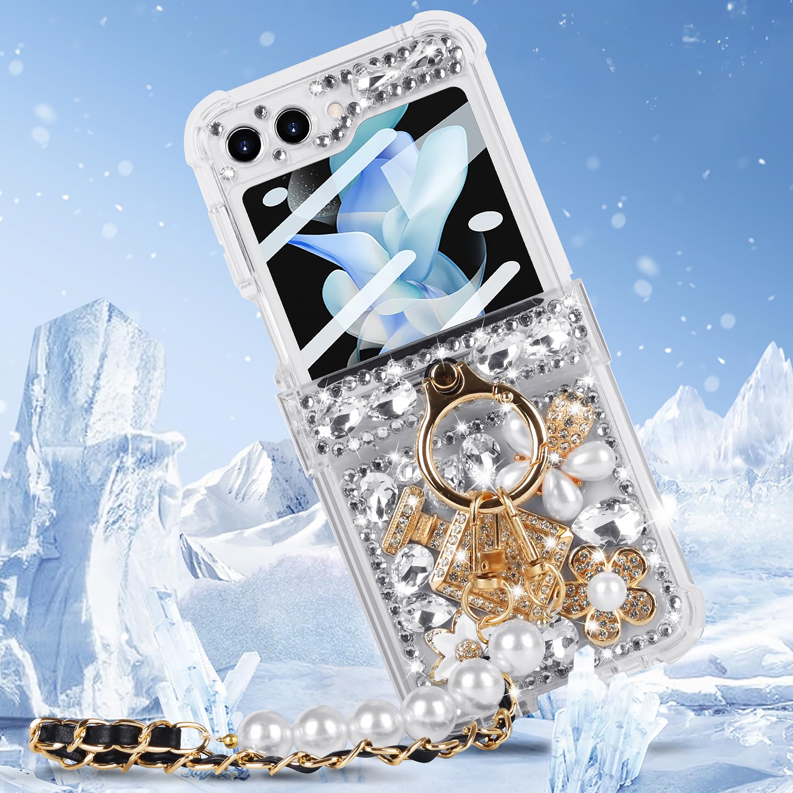 Leiju Case for Samsung Galaxy Z Flip 5 Cute Case with Strap Hinge Protection,3D Handmade Sparkle Stunning Stones Crystal Diamond Bling Glitter Phone Case with Screen Protector