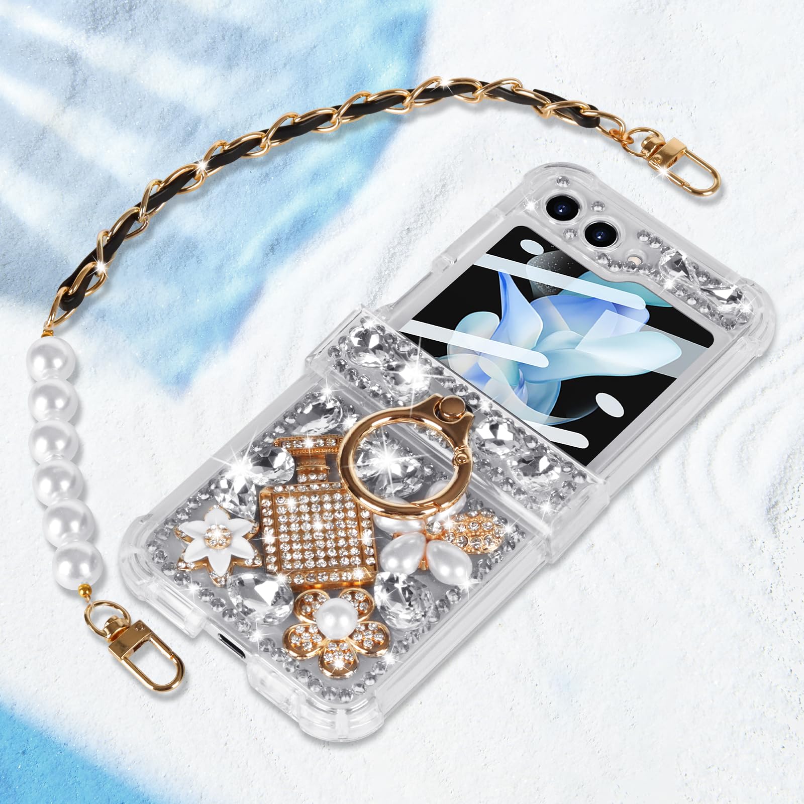 Leiju Case for Samsung Galaxy Z Flip 5 Cute Case with Strap Hinge Protection,3D Handmade Sparkle Stunning Stones Crystal Diamond Bling Glitter Phone Case with Screen Protector