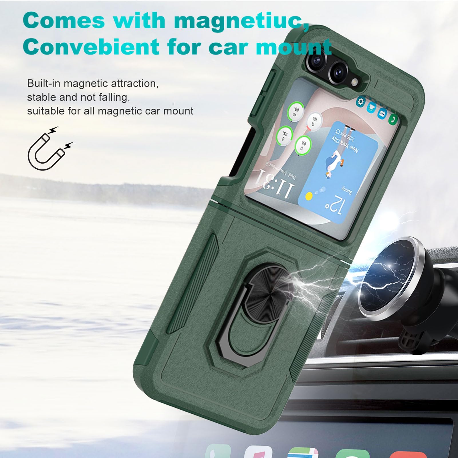 Ailiber for Galaxy Z Flip 5 Case, Samsung Z Flip5 Phone case with Screen Protector, Ring Kickstand for Magnetic Car Mount, Heavy Duty, Shockproof Protective Rugged Cover for Galaxy Z Flip5-Green