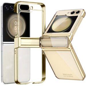 ninki compatible clear case for samsung galaxy z flip 5 phone case with hinge protection,full coverage luxury transparent plating pc thin case cover for samsung galaxy z flip 5 5g case champagne gold