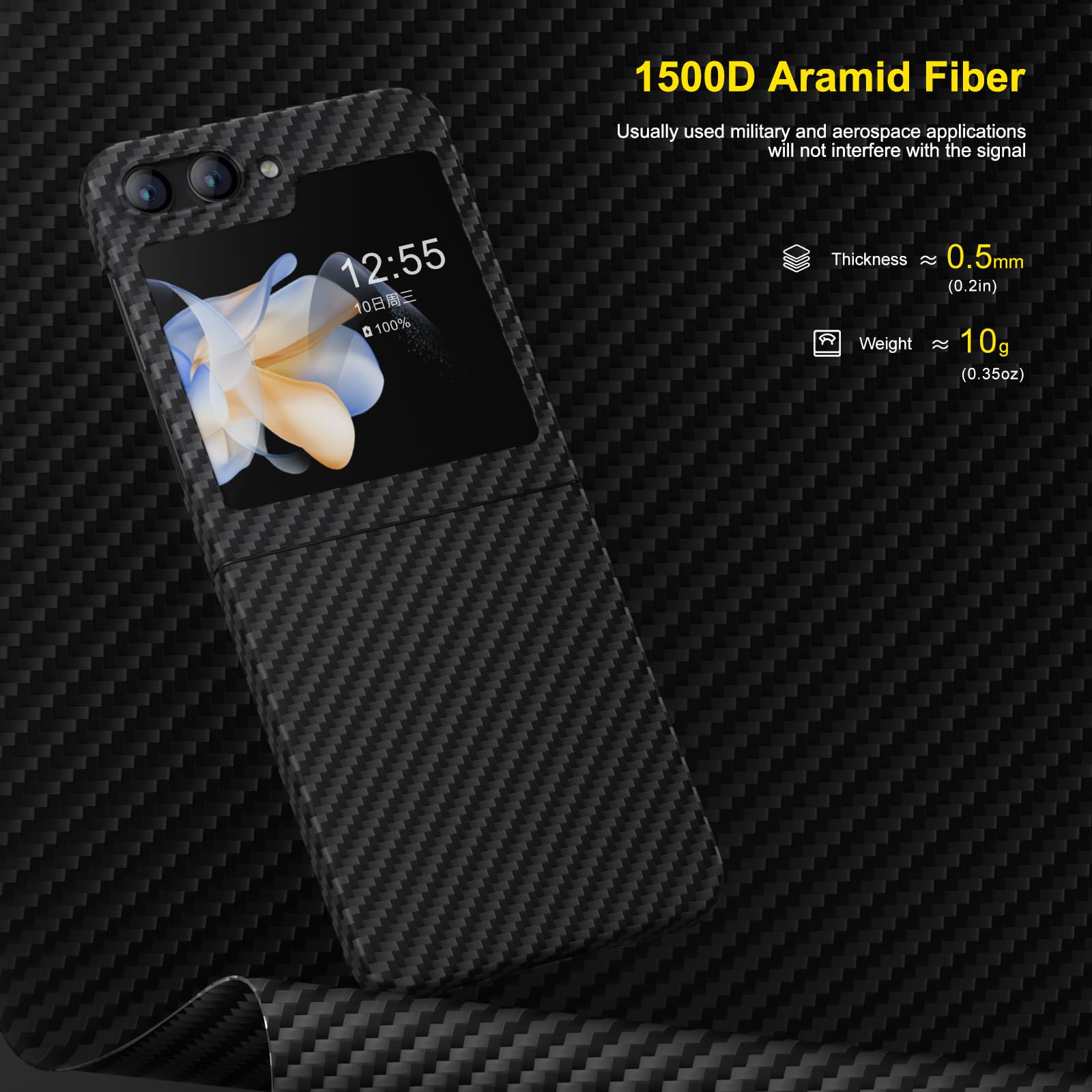 memumi 𝟐𝟎𝟐𝟑 Real Aramid Fiber for Samsung Z Flip 5 Case, Sturdy Durable Aramid 0.5 mm Slim Case for Galaxy Z Flip5 Carbon Fiber Aramid Fiber with Military-Grade Drop Protection Black