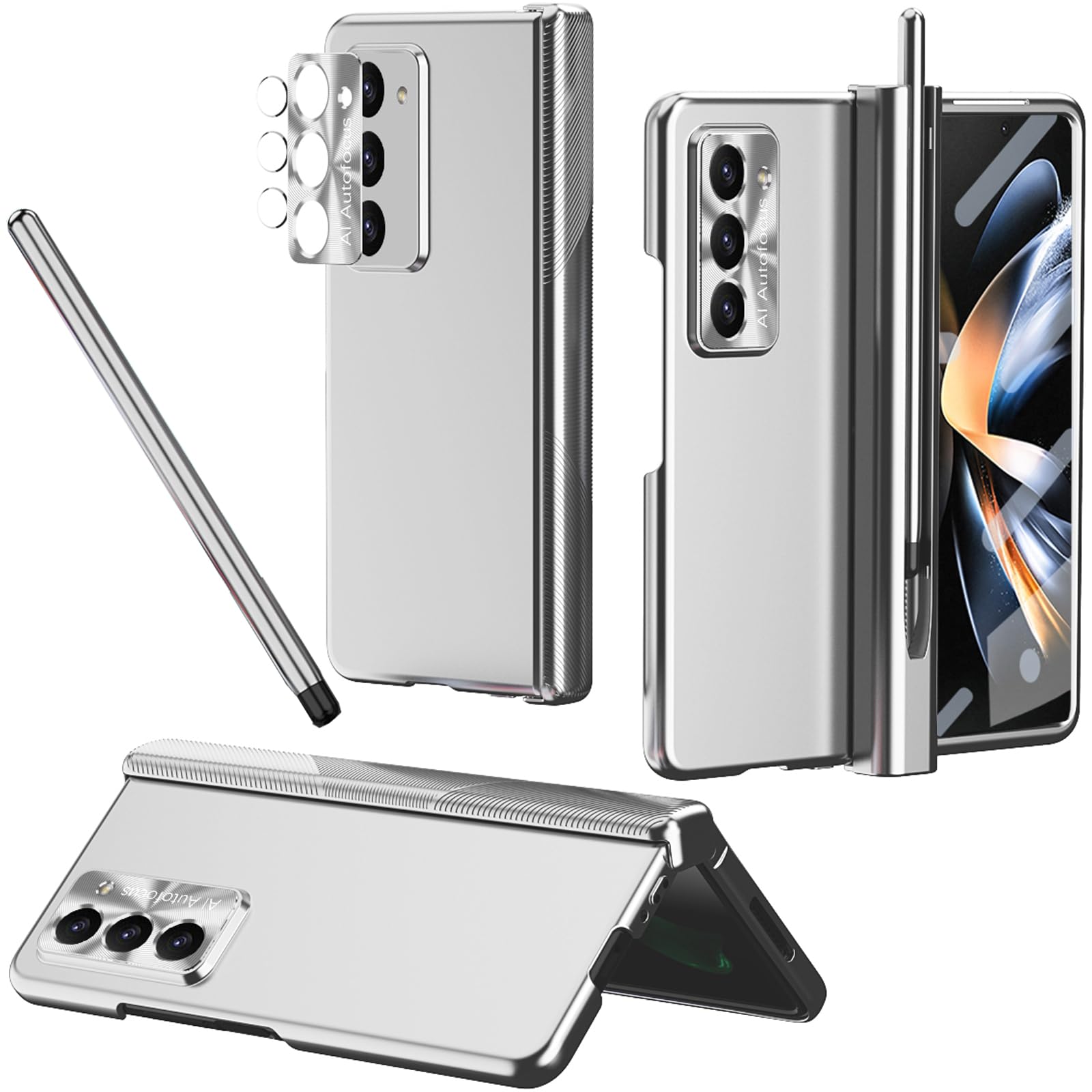 NINKI Compatible Magnetic Hinged Case for Samsung Z Fold 5 Case with S Pen & S Pen Holder,4 in 1 Hinge Protective Screen Protector Case for Galaxy Z Fold 5 Case,Galaxy Z Fold 5 5g Case Pen Slot Silver