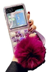 for samsung galaxy z flip 5 case,samsung flip 5 case cute bling diamond girly design,galaxy flip 5 case 3d handmade pearl rose flower with wrist lanyard,flip 5 phone case for women girls (purple)