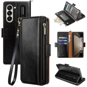 antsturdy for samsung galaxy z fold 5 case wallet women with 【s pen holder】,galaxy z fold 5 phone case with card holder strap pu leather rfid blocking flip folio cover credit slots men,black