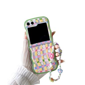 go-volmon curly wave frame case for samsung galaxy z flip 5 checker and flower print, cute woman case for galaxy z flip 5 kawaii beads strap, soft floral girly case for z flip 5 lovely and fashion