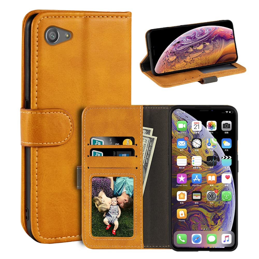 MILEGAO Case for Sony Xperia Z5 Compact, Magnetic PU Leather Wallet-Style Business Phone Case,Fashion Flip Case with Card Slot and Kickstand for Sony Xperia Z5 Compact 4.6 inches-Lightbrown Yellow