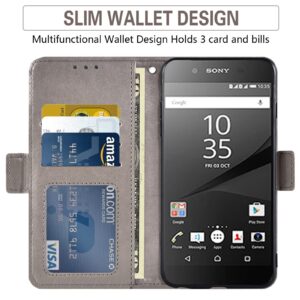 Asuwish Phone Case for Sony Xperia Z5 with Tempered Glass Screen Protector and Flower Leather Wallet Flip Cover Credit Card Holder Stand Cell Accessories Experia 5Z E6653 Boys Girls Women Men Grey