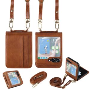 mistworld for samsung galaxy z flip 5 wallet case with shoulder strap, leather case hinge protection, for samsung z flip5 card case women's case with lanyard security loss and shock phone case