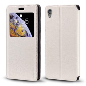 shantime sony xperia z5 premium case, wood grain leather case with card holder and window, magnetic flip cover for sony xperia z5 premium white