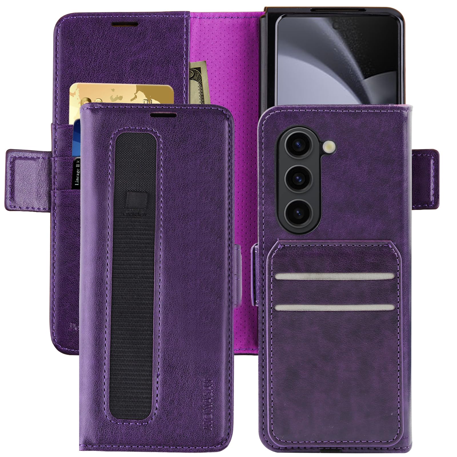 MONASAY Wallet Case Compatible for Galaxy Z Fold 5 5G with S Pen Holder, Flip Folio Leather Cell Phone Cover with RFID Blocking Credit Card Holder, Purple