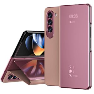 ninki clear mirror case compatible samsung galaxy z fold 5 case with kicktand,ultra thin & lightweight flip mirror makeup cover electroplated full protection stand cover for galaxy z fold 5 case pink