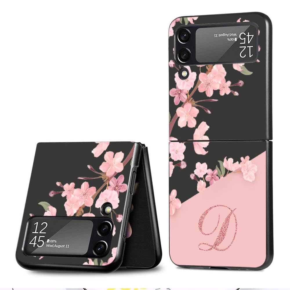 Flower Letter Pink A B C Initial Case for Samsung Galaxy Z Flip 3 4 5G Black Hard PC Phone Housing,Z5,for Z Flip4 5G