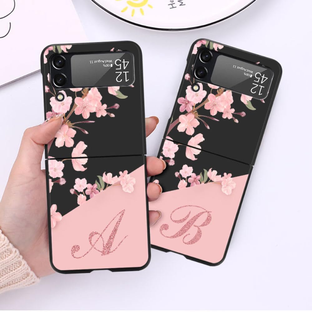 Flower Letter Pink A B C Initial Case for Samsung Galaxy Z Flip 3 4 5G Black Hard PC Phone Housing,Z5,for Z Flip4 5G