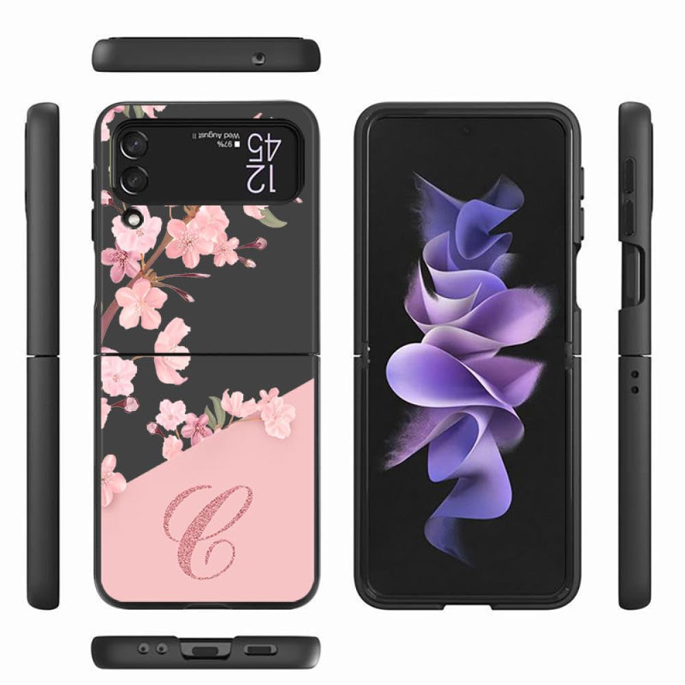 Flower Letter Pink A B C Initial Case for Samsung Galaxy Z Flip 3 4 5G Black Hard PC Phone Housing,Z5,for Z Flip4 5G