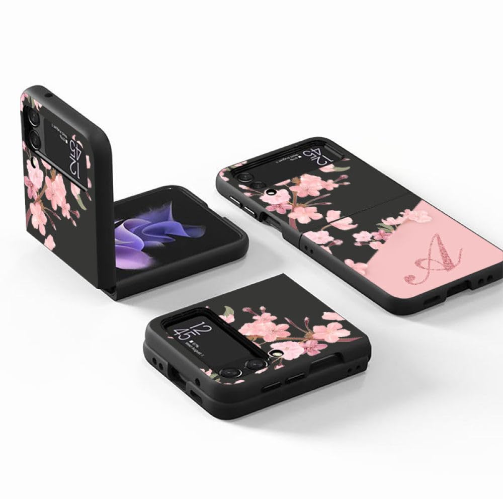 Flower Letter Pink A B C Initial Case for Samsung Galaxy Z Flip 3 4 5G Black Hard PC Phone Housing,Z5,for Z Flip4 5G