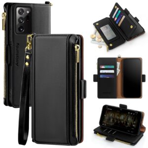 antsturdy samsung galaxy note 20 ultra 5g case wallet with card holder for women men,galaxy note 20 ultra 5g phone case rfid blocking pu leather flip cover with strap zipper credit card slots,black