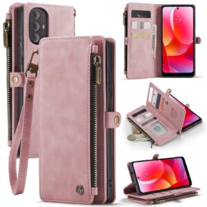 defencase moto g power 2022 phone case, motorola moto g power 2022 case wallet for women and men, fashion pu leather flip wrist strap zipper card holder wallet case for moto g power 2022, rose pink