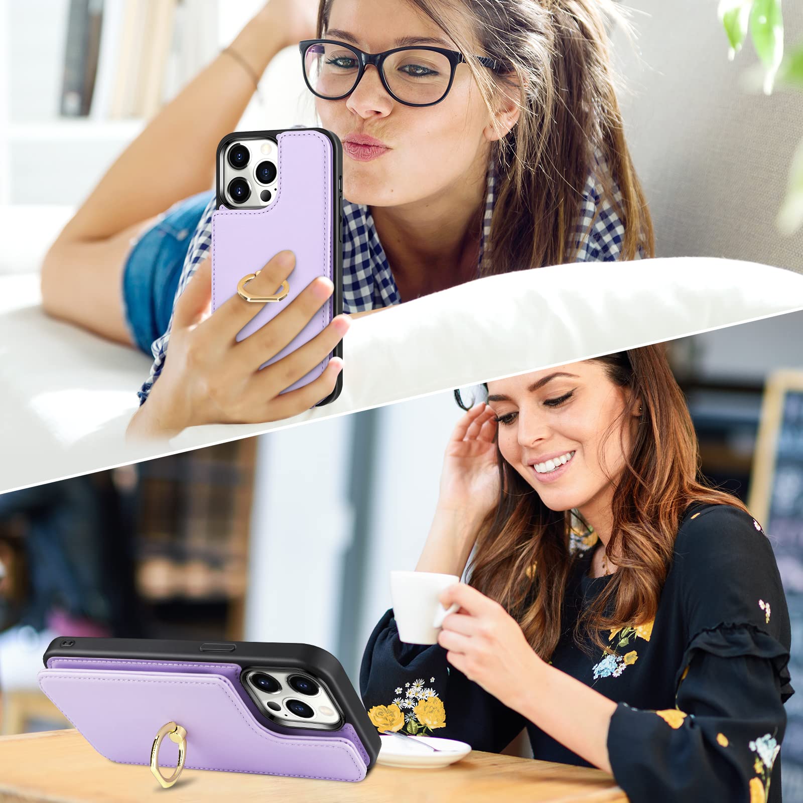 Vofolen for iPhone 13 Pro Max Wallet Cover with Card Holder 360°Rotation Ring Stand Kickstand Women Girls PU Leather Double Buttons Flip Cover RFID Blocking Protective Case 6.7 inch Violet