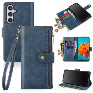 antsturdy samsung galaxy a54 5g wallet case with card holder for women men,galaxy a54 phone case rfid blocking pu leather flip shockproof cover with strap zipper credit card slots,blue