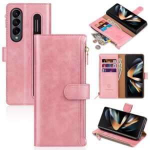 antsturdy for samsung galaxy z fold 4 wallet case [rfid blocking] [zipper poket] pu leather flip folio protective cover with slots magnetic credit card holder kickstand men women,rose gold