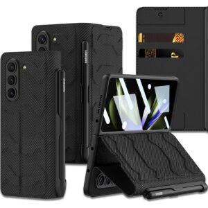 ninki carbon fiber case compatible samsung galaxy z fold 5 wallet case with hinge protection (pen slot),shockproof protective card holder cover anti-drop leather stand case samsung z fold 5 case men